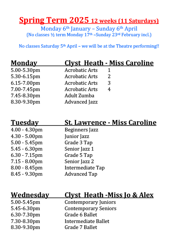 Joanna Mardon School of Dance Spring Term 2025 Timetable v2 | Exeter Ballet School